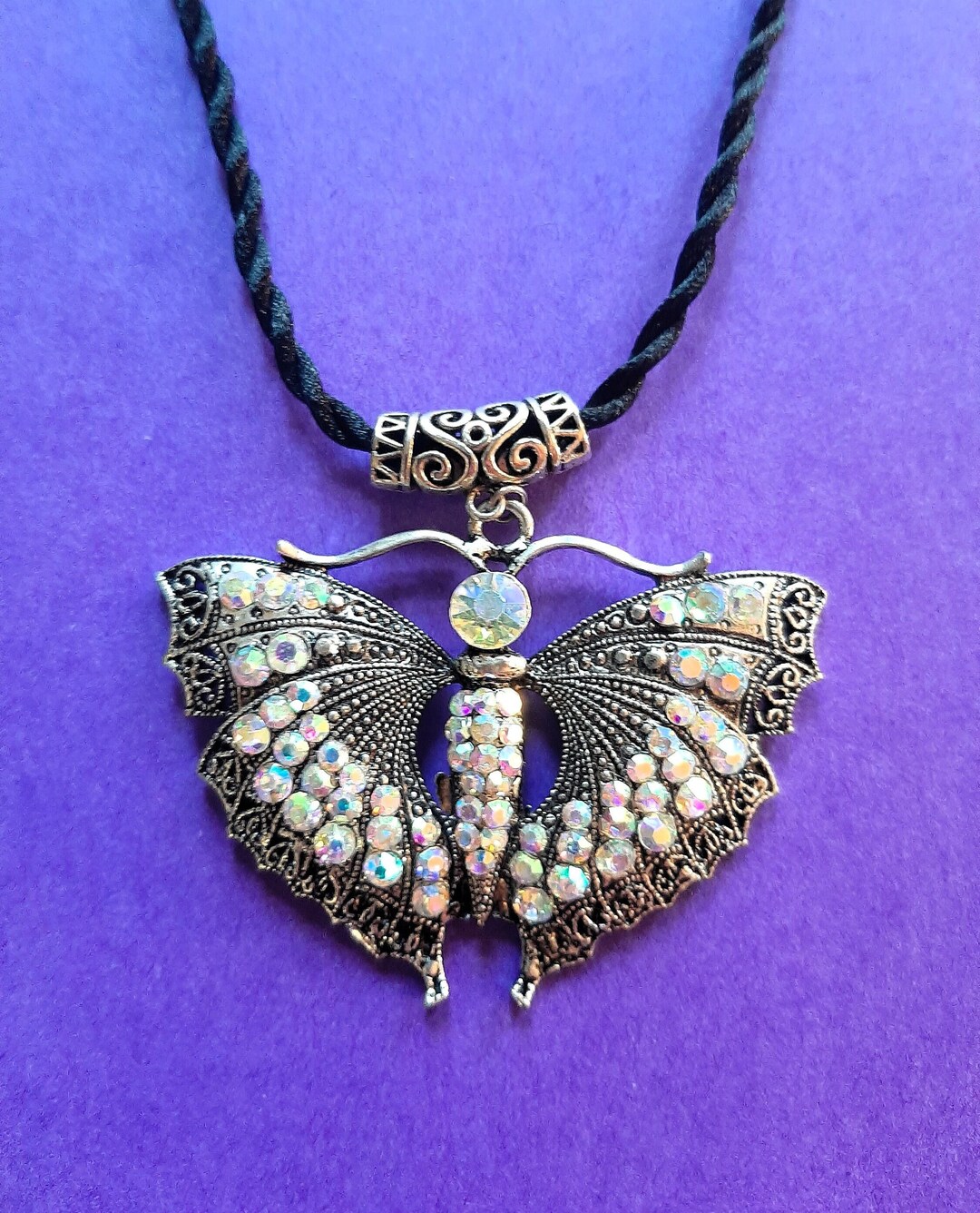 Vintage Large Butterfly Pendant With Aurora Borealis Crystals on Chord ...
