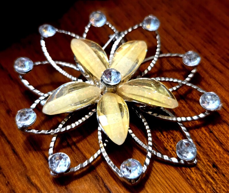 Vintage Mid Century Floral Brooch - Yellow Crystal Petals & Rhinestone ...