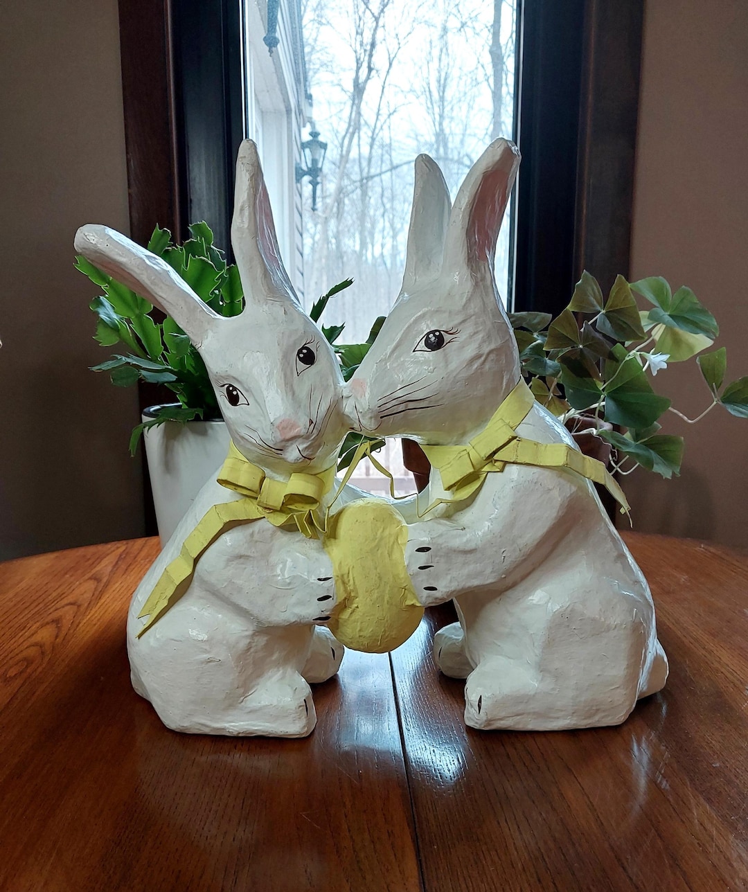 Vintage 12" Paper Mache White Easter Rabbits W Yellow Paper Ribbon ...