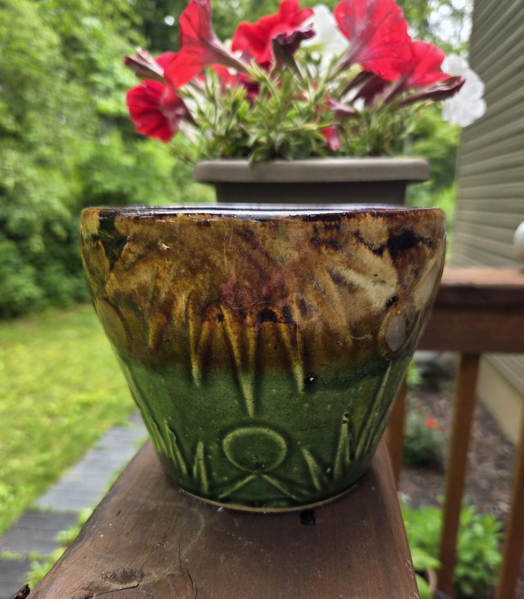 Vintage RRP Co. Sun & Moon Jardiniere: Roseville Green Drip Pottery ...