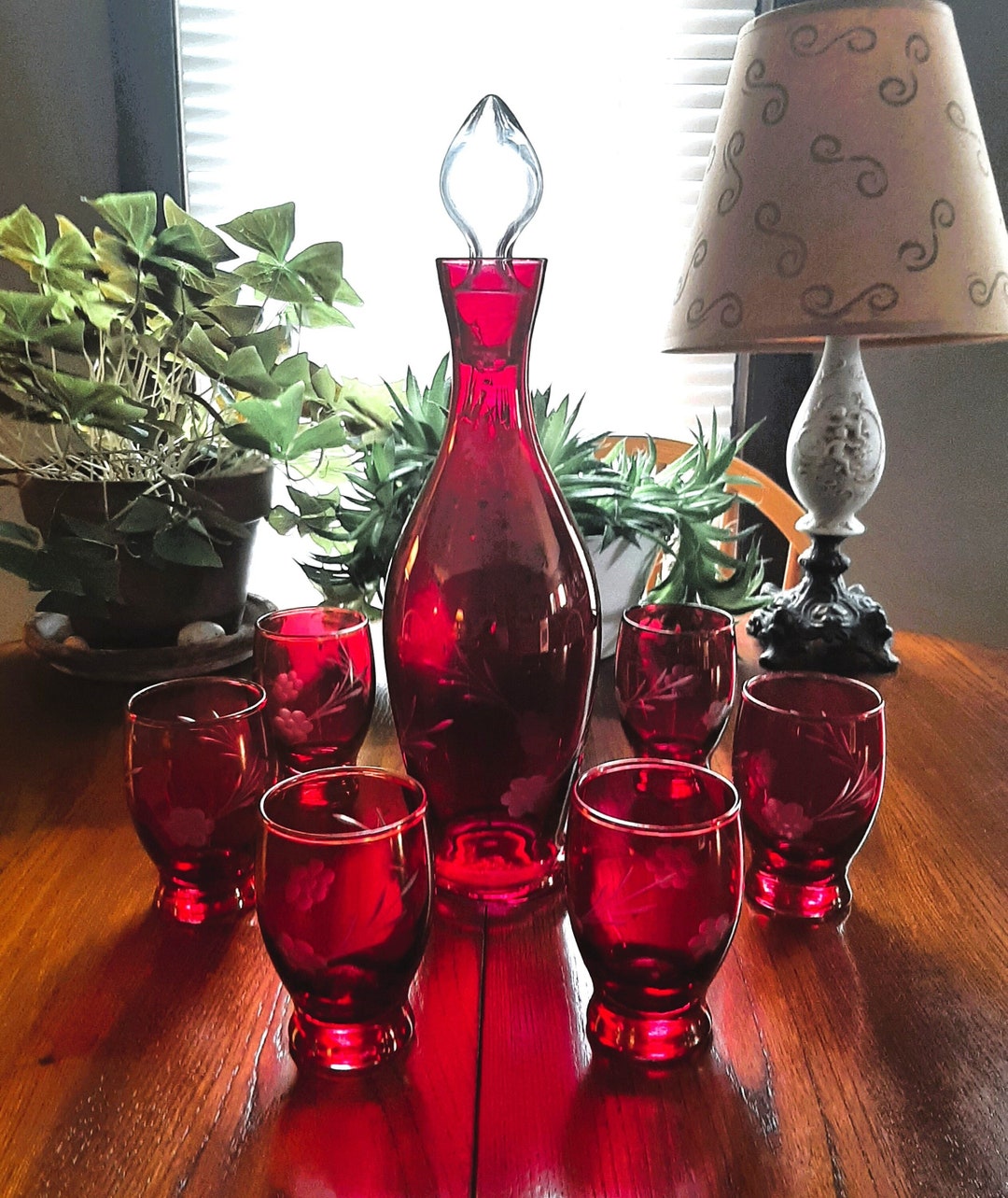 Vintage Cranberry Glass Decanter Set: Etched Floral Bohemian Barware - Etsy