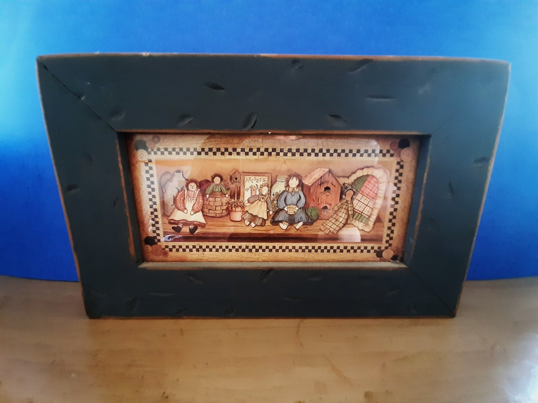 Vintage Primitive Carousel Unlimited Folk Art Rag Dolls Framed in Blue Painted Wooden Frame, Rag ...