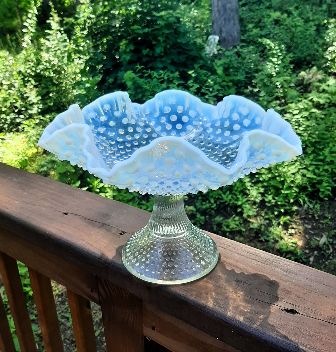 Large Fenton French Opalescent Moonstone Hobnail 11 Pedestal Bowl W ...