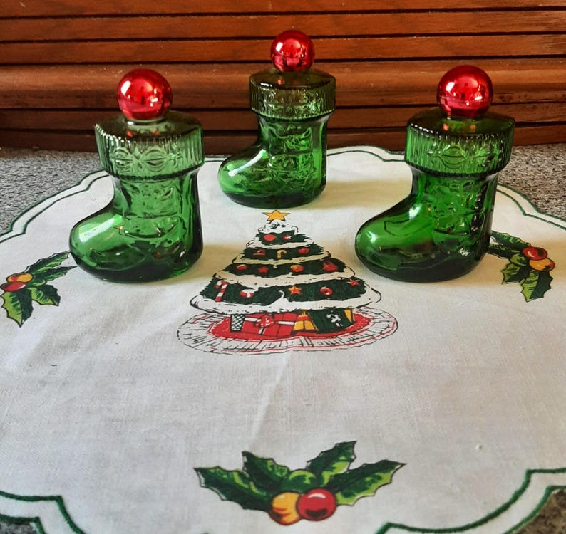 Vintage Avon Green Glass Christmas Stocking Perfume Bottles With Red ...