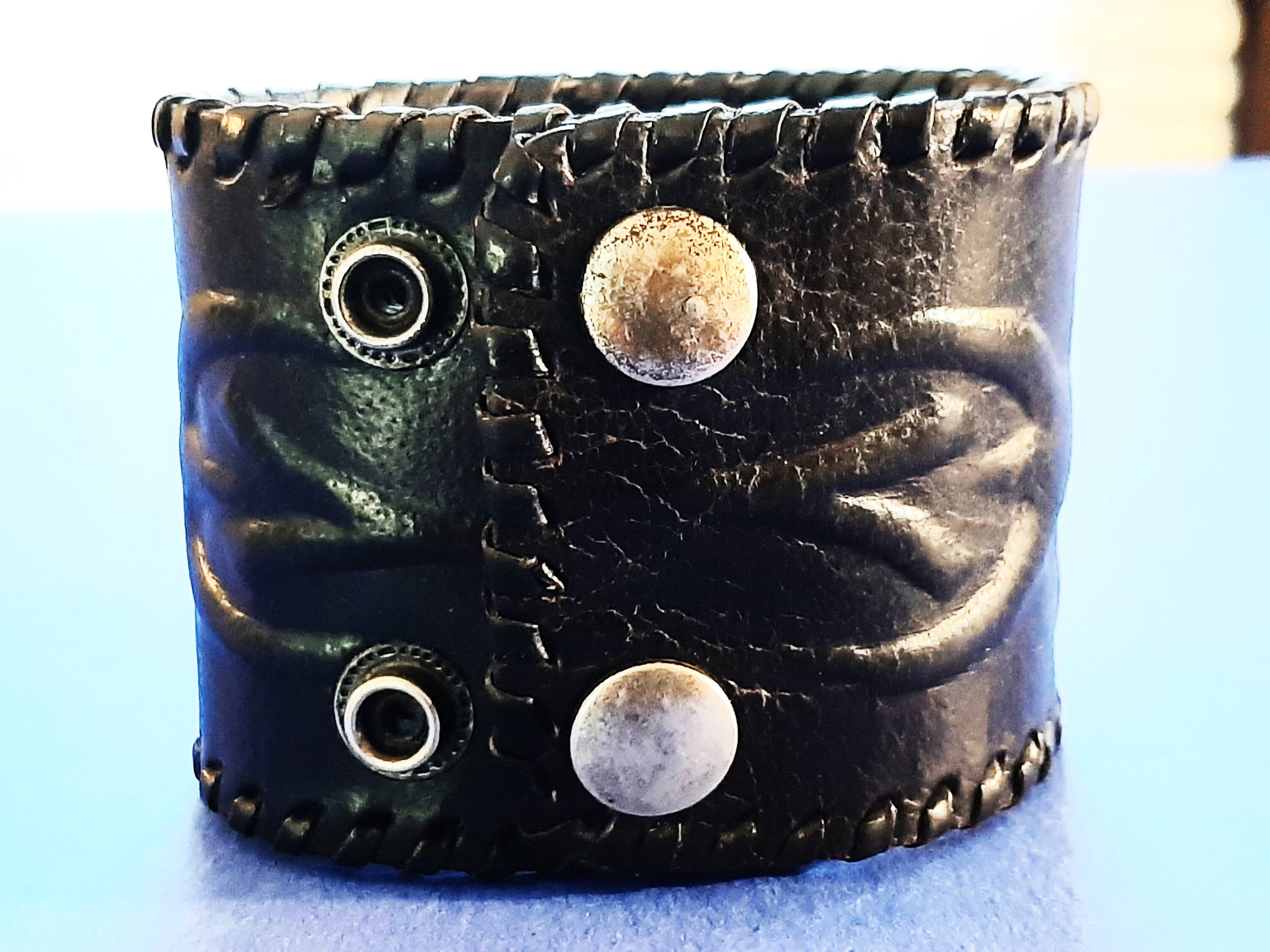 Vintage Black Leather Cuff Bracelet With Small Turquoise Stone Center ...