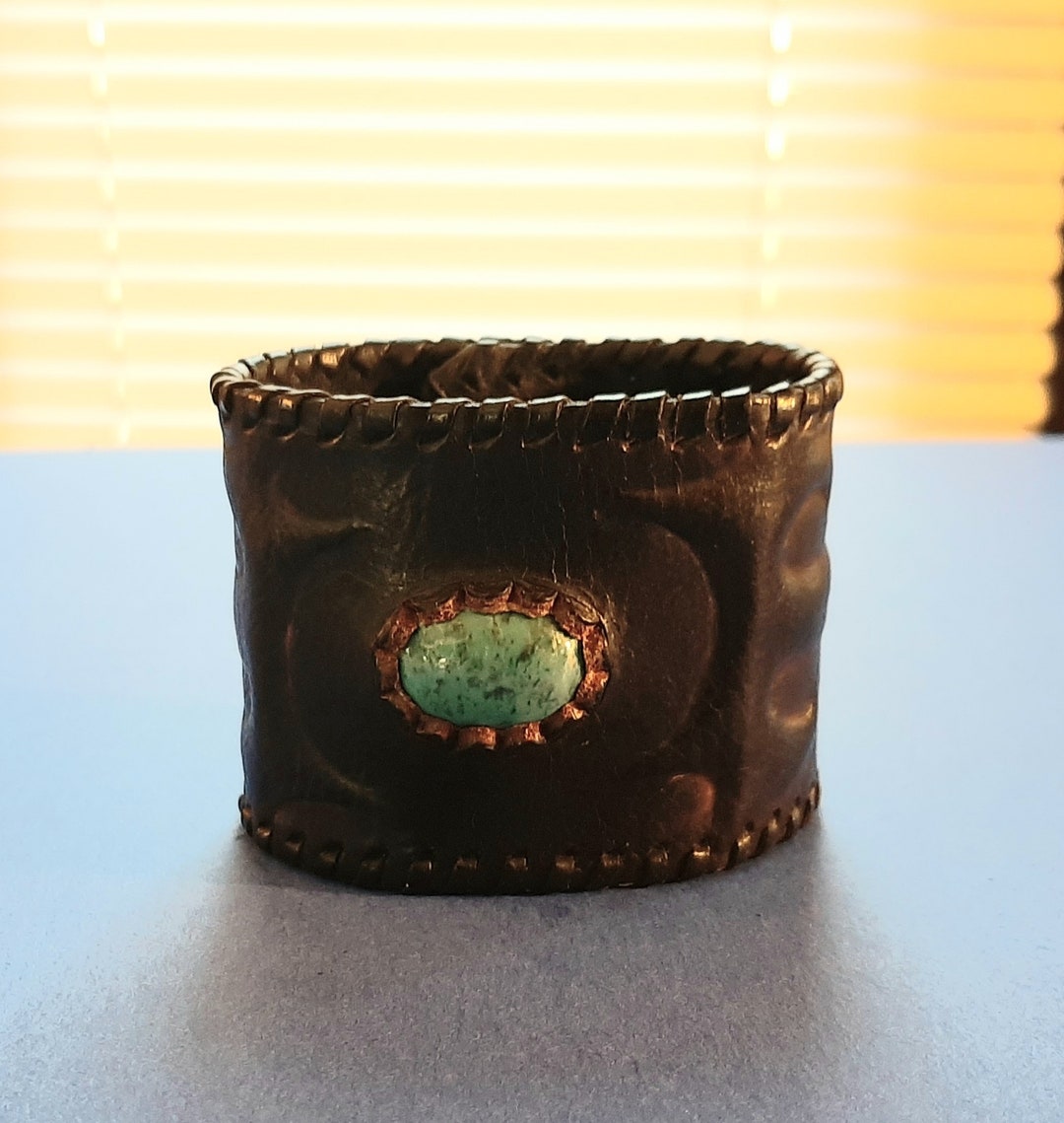 Vintage Black Leather Cuff Bracelet With Small Turquoise Stone Center ...