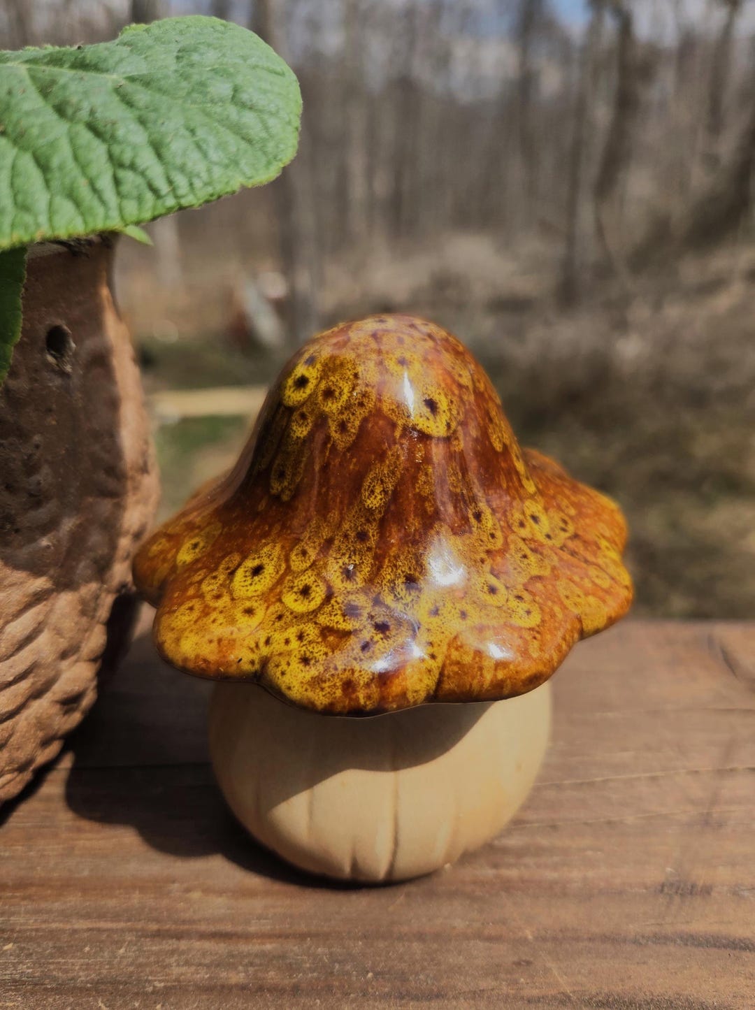 Vintage Glazed Ceramic and Clay Mushroom With Yellow Speckles, Brown ...