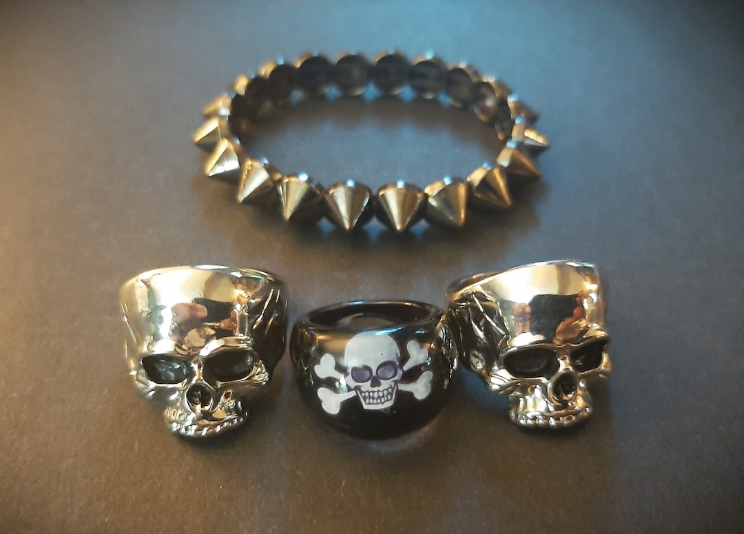 Vintage Halloween Steampunk Rings and Spiked Bracelet Bundle, Heavy ...