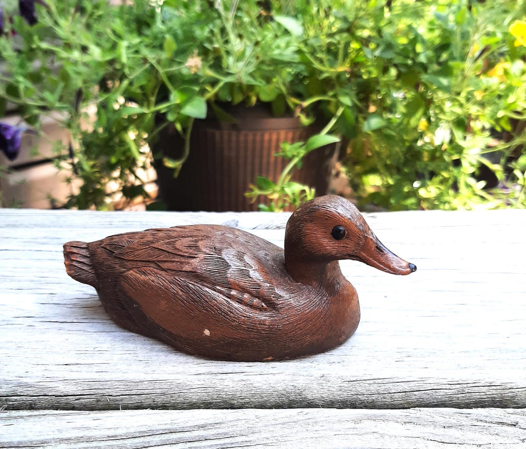 Vintage Small Red Headed Drake Hand Wood Carved Duck Figurine, Antique ...
