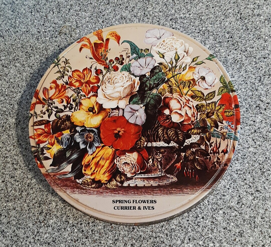 Currier & Ives Spring Flowers Round Tin, Colorful Flowers Vintage Tin ...