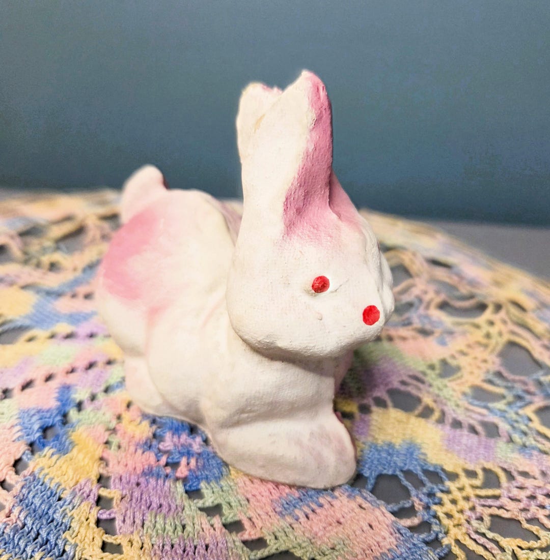 Antique Paper Mache Rabbit, Vintage White and Pink Papier Mache Bunny ...
