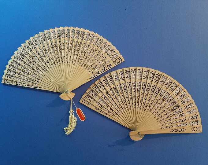 Two Vintage Sandalwood Hand Fans, Carved Filigree Chinese Sandalwood ...