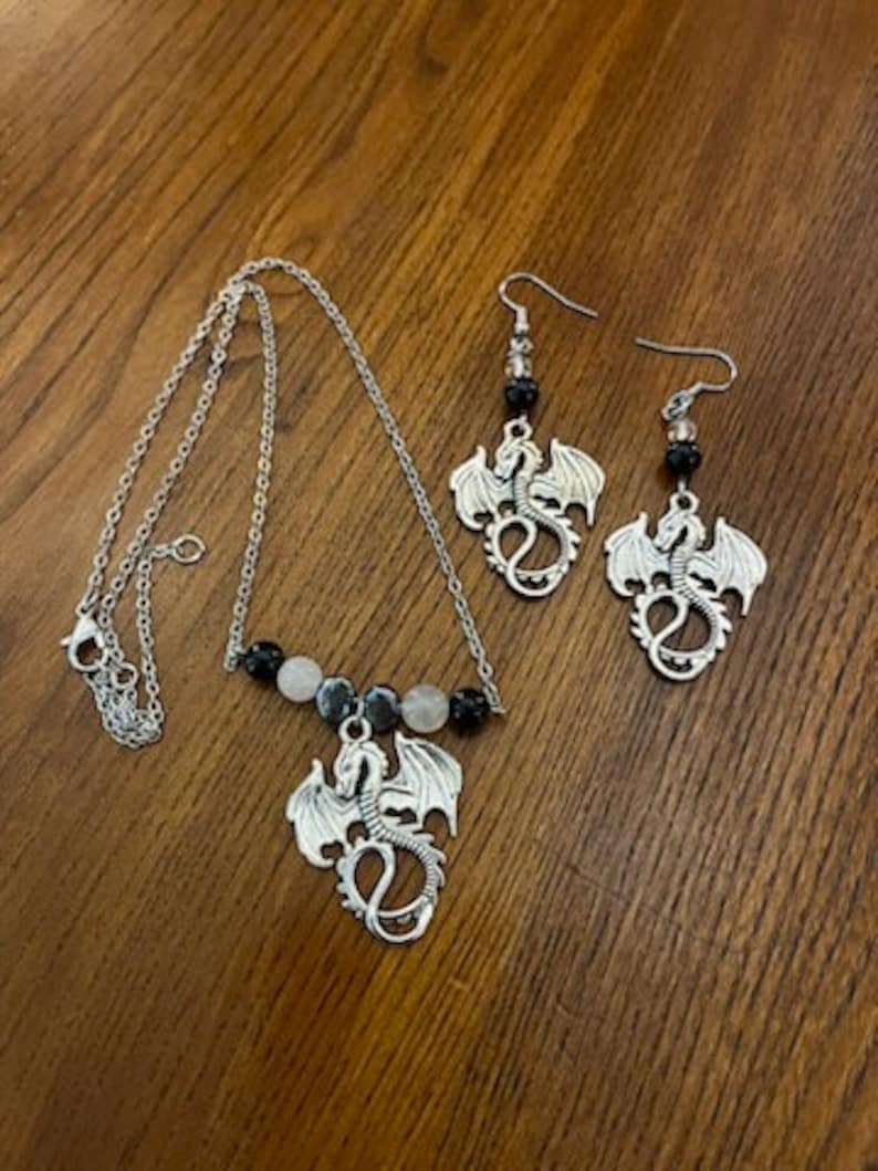 Gothic Dragon Necklace and Earrings Set W Shining Beads, Wiccan Dragon ...