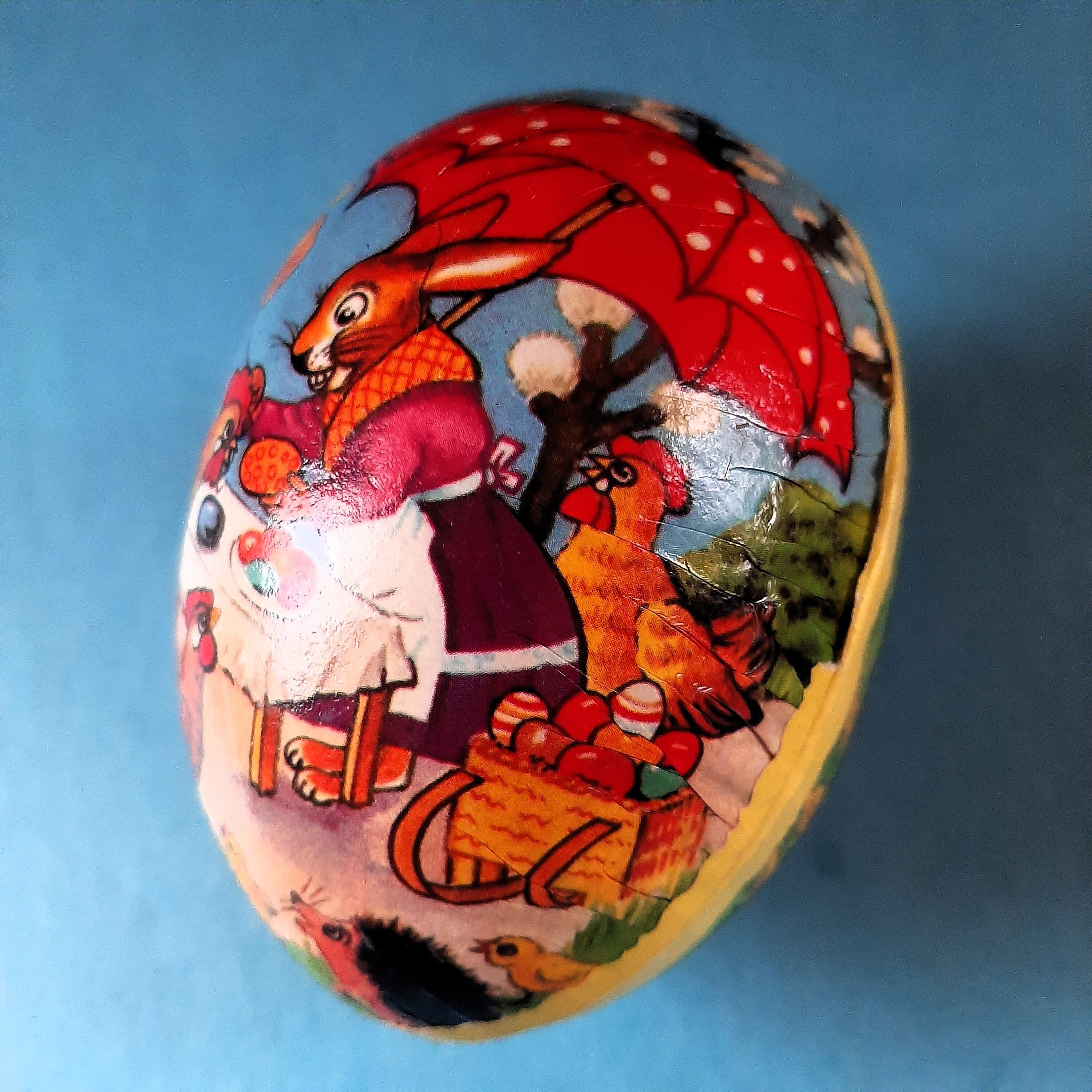 Vintage Paper Mache Easter Egg W Bunny and Animal Friends Coloring Eggs ...