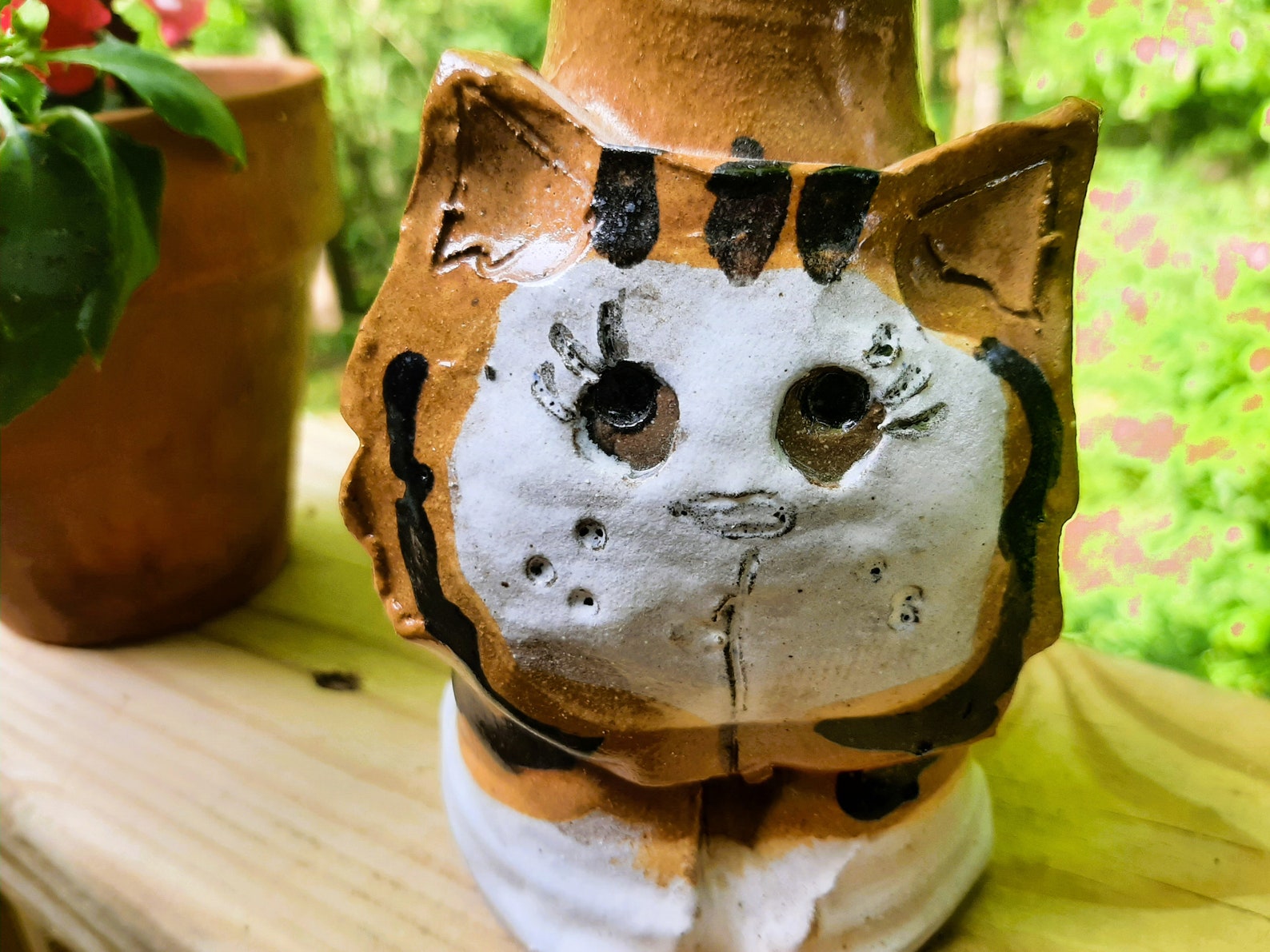 Hand Painted Clay Cat Bud Vase, Heavy Painted Clay Cat Face Vase ...