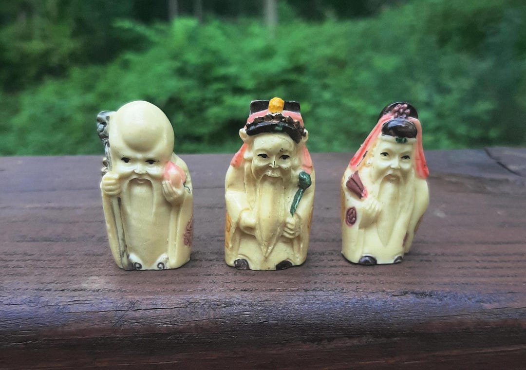 Three Miniature Hand Painted Ivory Resin Chinese Lucky Gods, Small ...