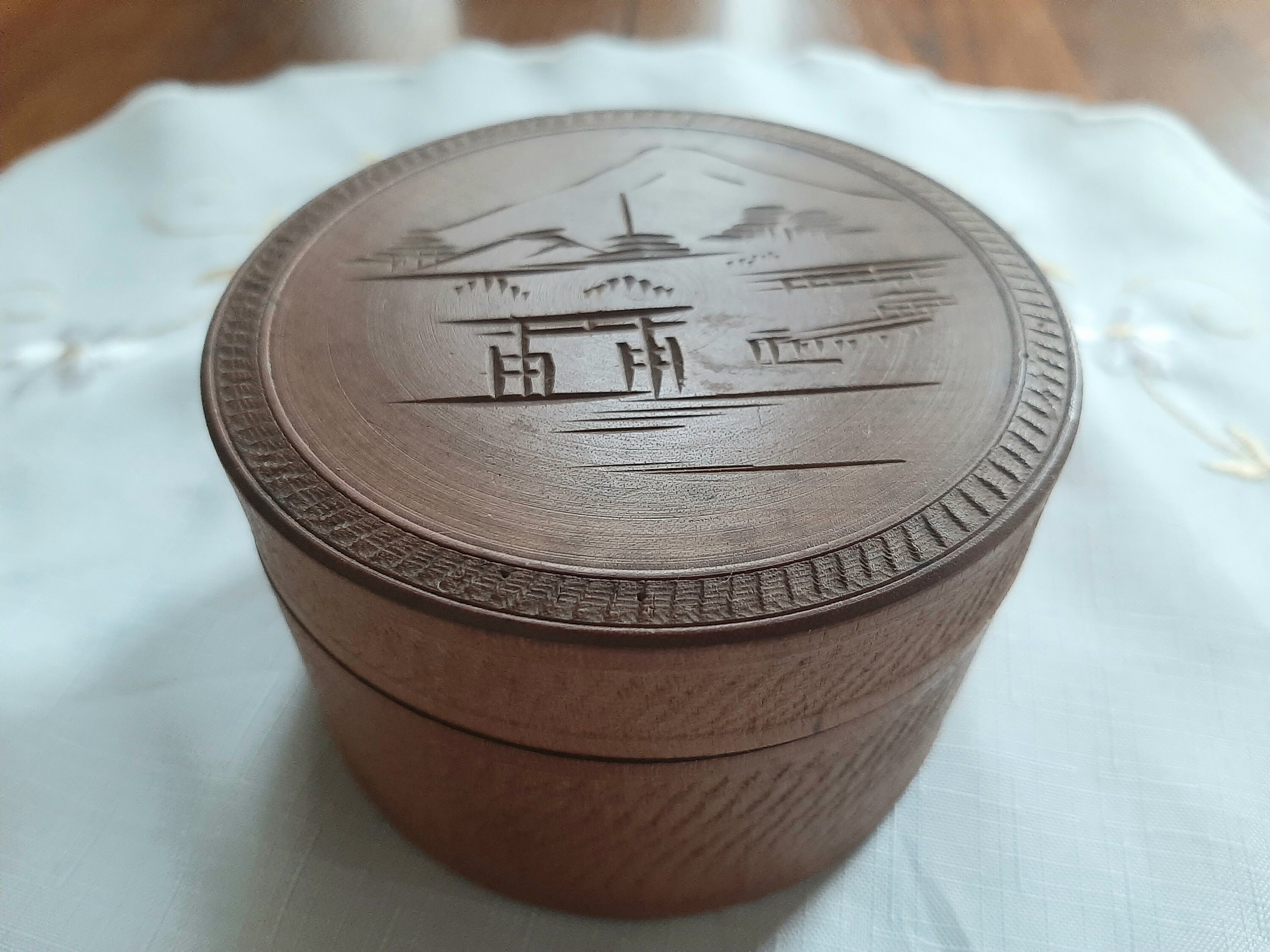 Vintage Round Teak Wood Hand Carved Miyajima Satsuma Japanese Box ...