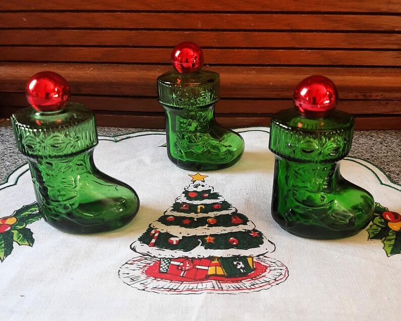 Vintage Avon Green Glass Christmas Stocking Perfume Bottles With Red ...