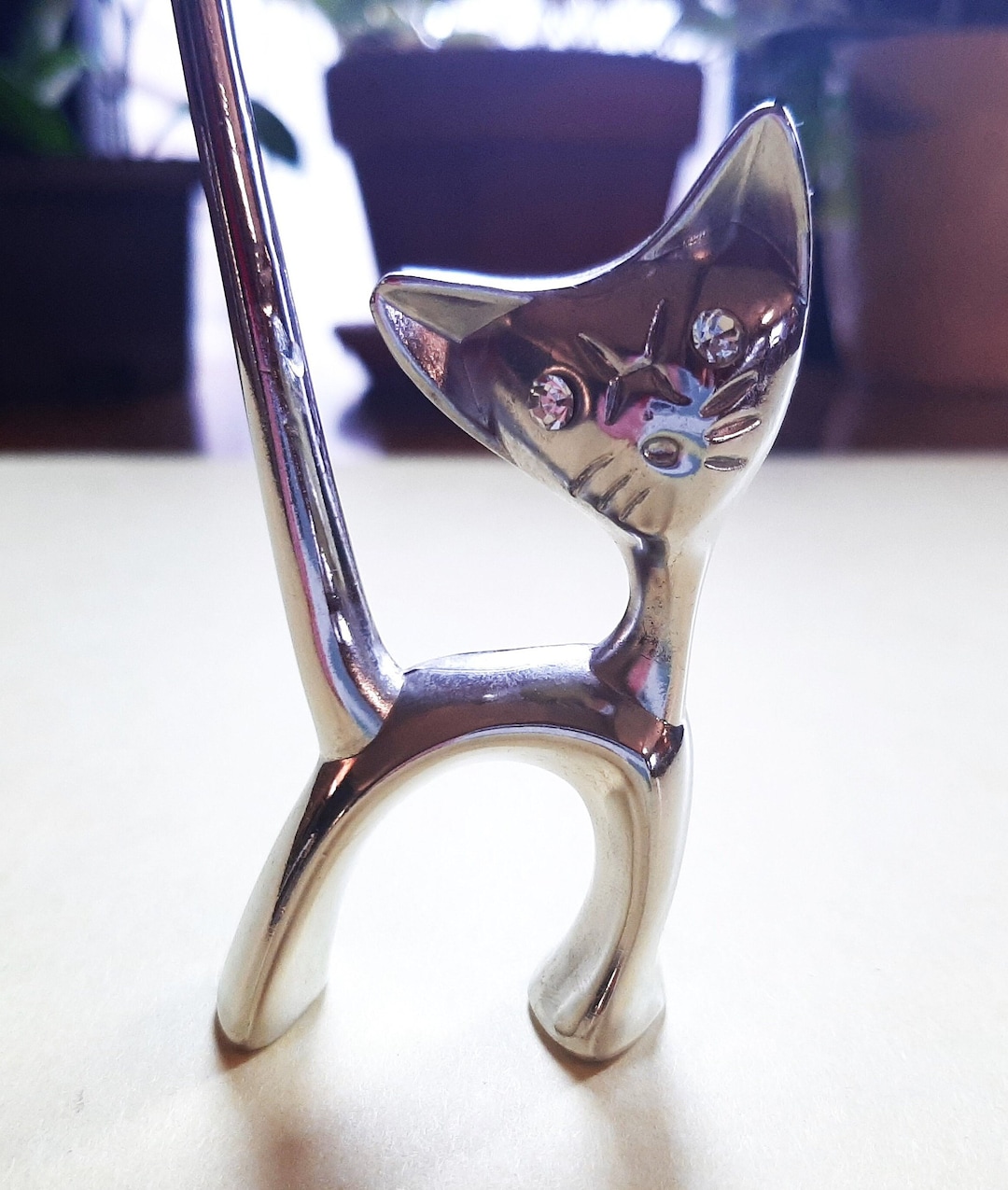 Chrome Cat Ring Holder W Rhinestone Eyes Long Tailed Cat Silver Metal ...