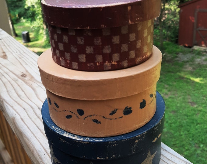 Vintage Primitive Americana Nesting / Stacking Boxes W Stars, Vine and ...