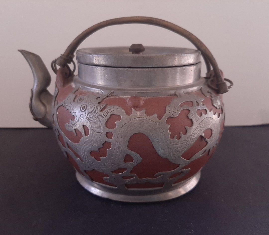 Antique Hsin Ho Cheng Whieaiwei Yixing Dragon Red Clay W Pewter Dragon ...