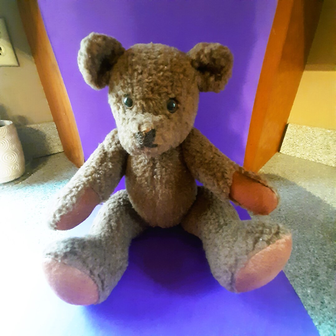 Vintage Lambs Wool Brown Jointed Teddy Bear With Pointy Snout and Glass Eyes, Collectible Wood ...
