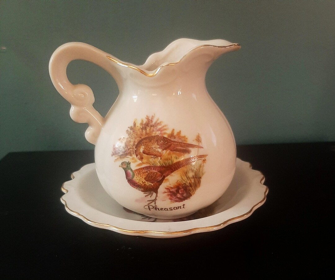 Vintage Small Pheasant Pitcher and Wash Basin Fine Porcelain W Gold ...
