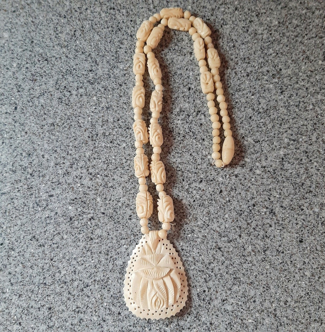 Antique Carved Bone Beaded Necklace With Floral Pendant, Vintage ...