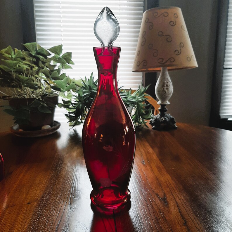 Vintage Cranberry Glass Decanter Set: Etched Floral Bohemian Barware - Etsy