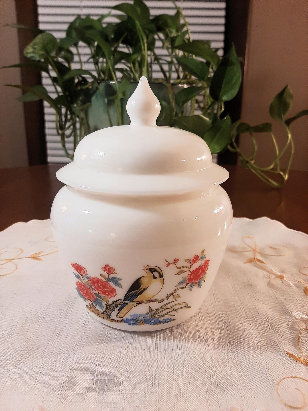 Vintage Avon Milk Glass Ginger Jar: Yellow Finch Floral Decor - Etsy