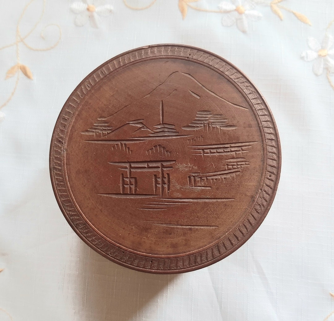 Vintage Round Teak Wood Hand Carved Miyajima Satsuma Japanese Box ...