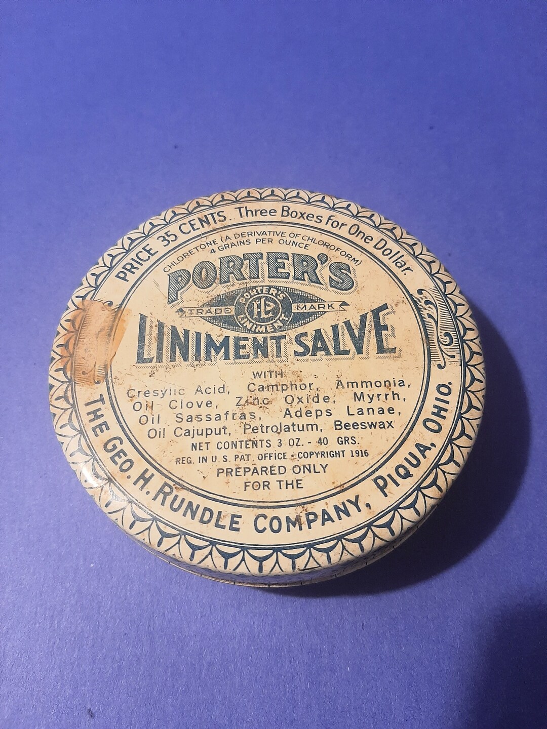 Antique Porter's Liniment Salve Tin: 1916 Geo H. Rundle Co. - Etsy