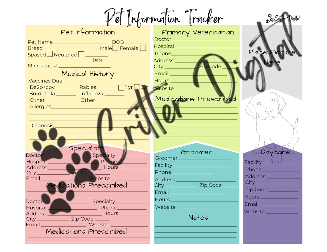 Dog Pet Information Sheet Digital Download - Etsy
