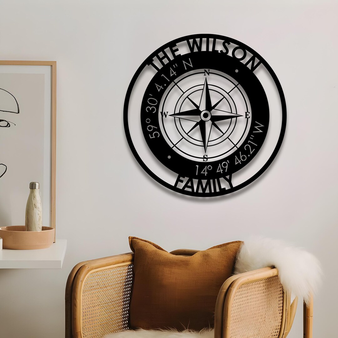 Personalized Compass Metal Sign Family Name Sign Custom Coordinates ...