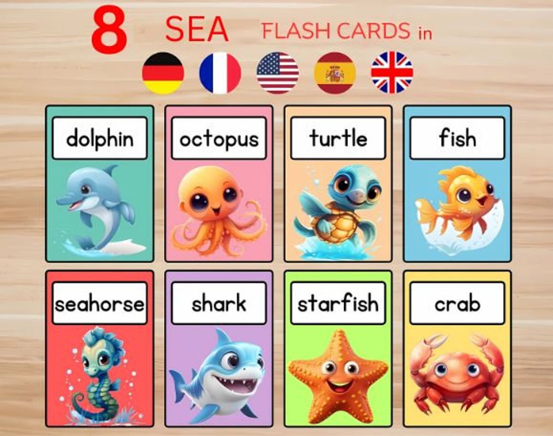8, Sea Animals Flashcards, Learning, Printable, in 4 Languages - Etsy