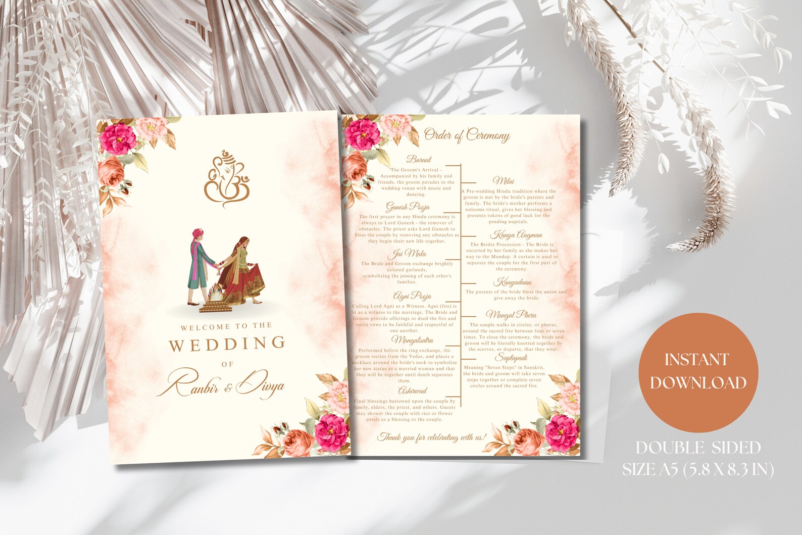 DIY Hindu Wedding Program Guide Elegant Floral Design, Wedding Ceremony ...