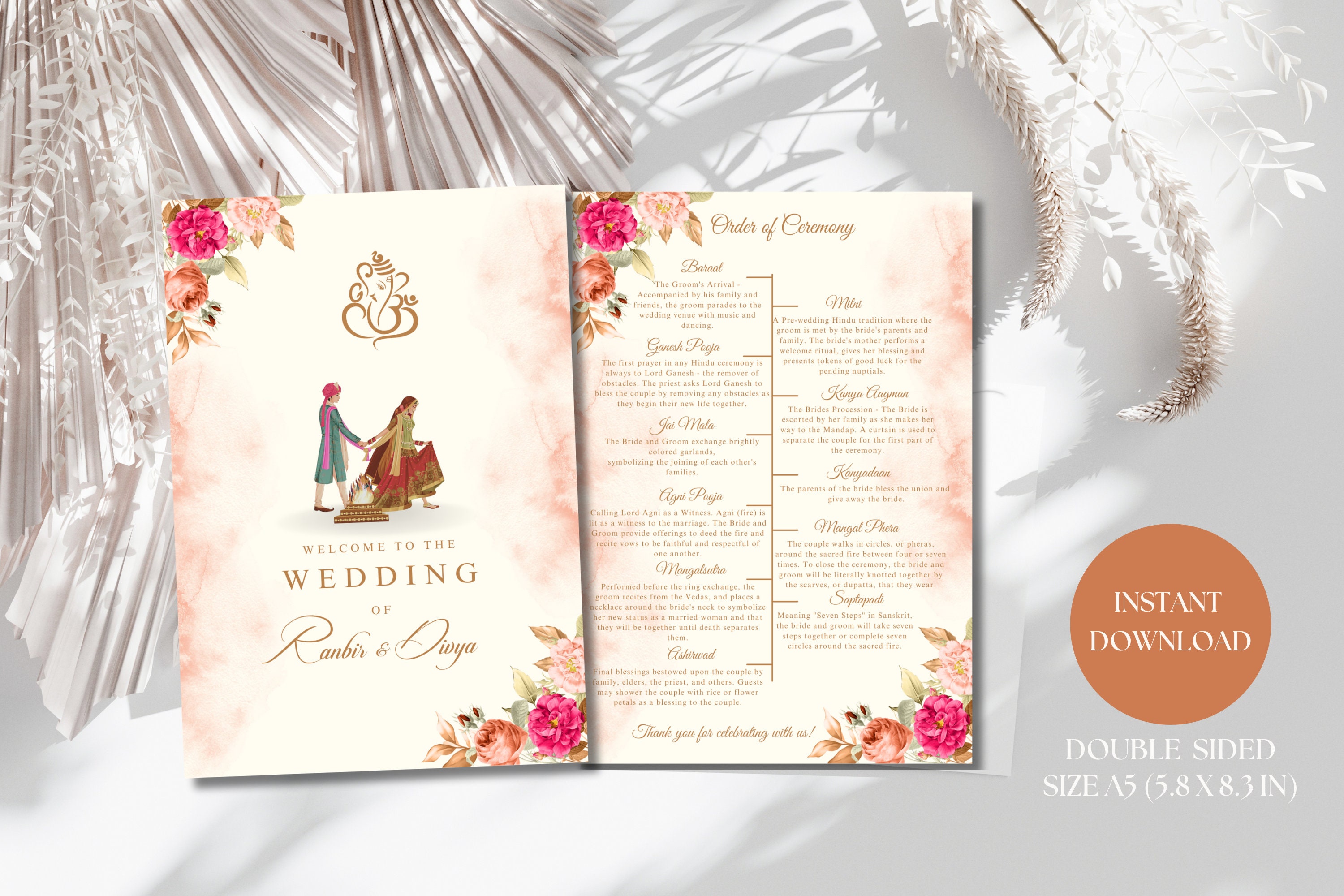 DIY Hindu Wedding Program Guide Elegant Floral Design, Wedding Ceremony ...