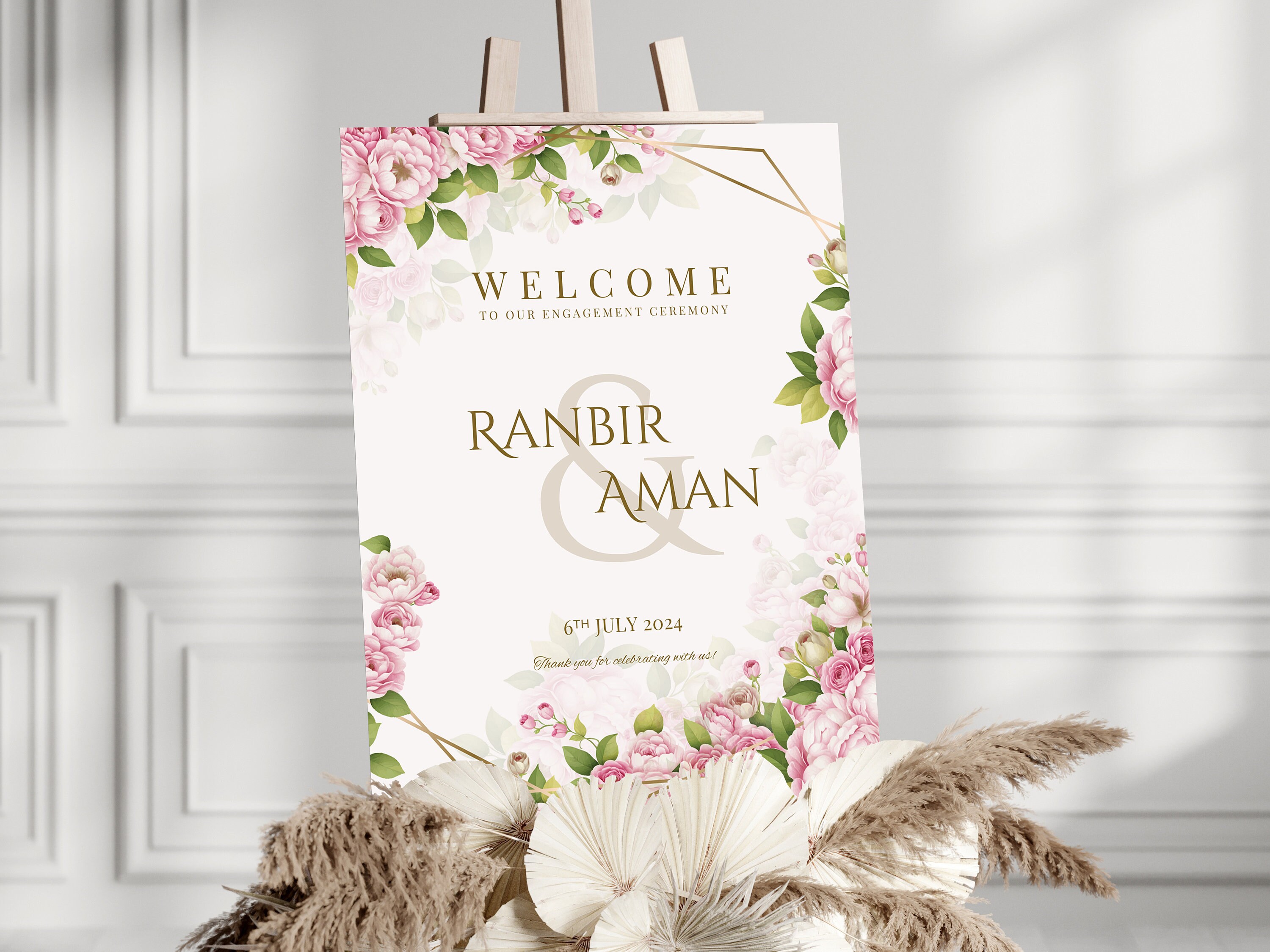Pink Floral Frame Welcome Sign With Customizable for Reception, Roka ...