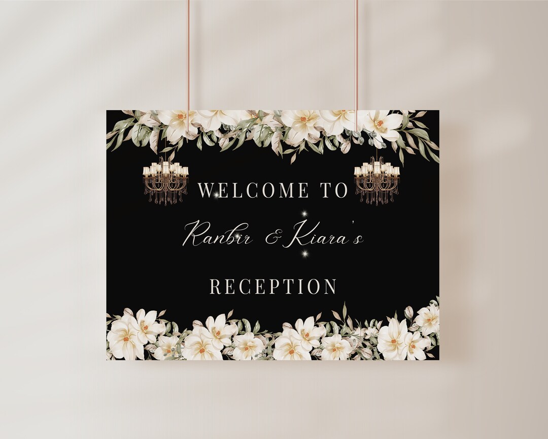 Premium Elegant Wedding Reception Sign - White Flowers, Chandeliers ...