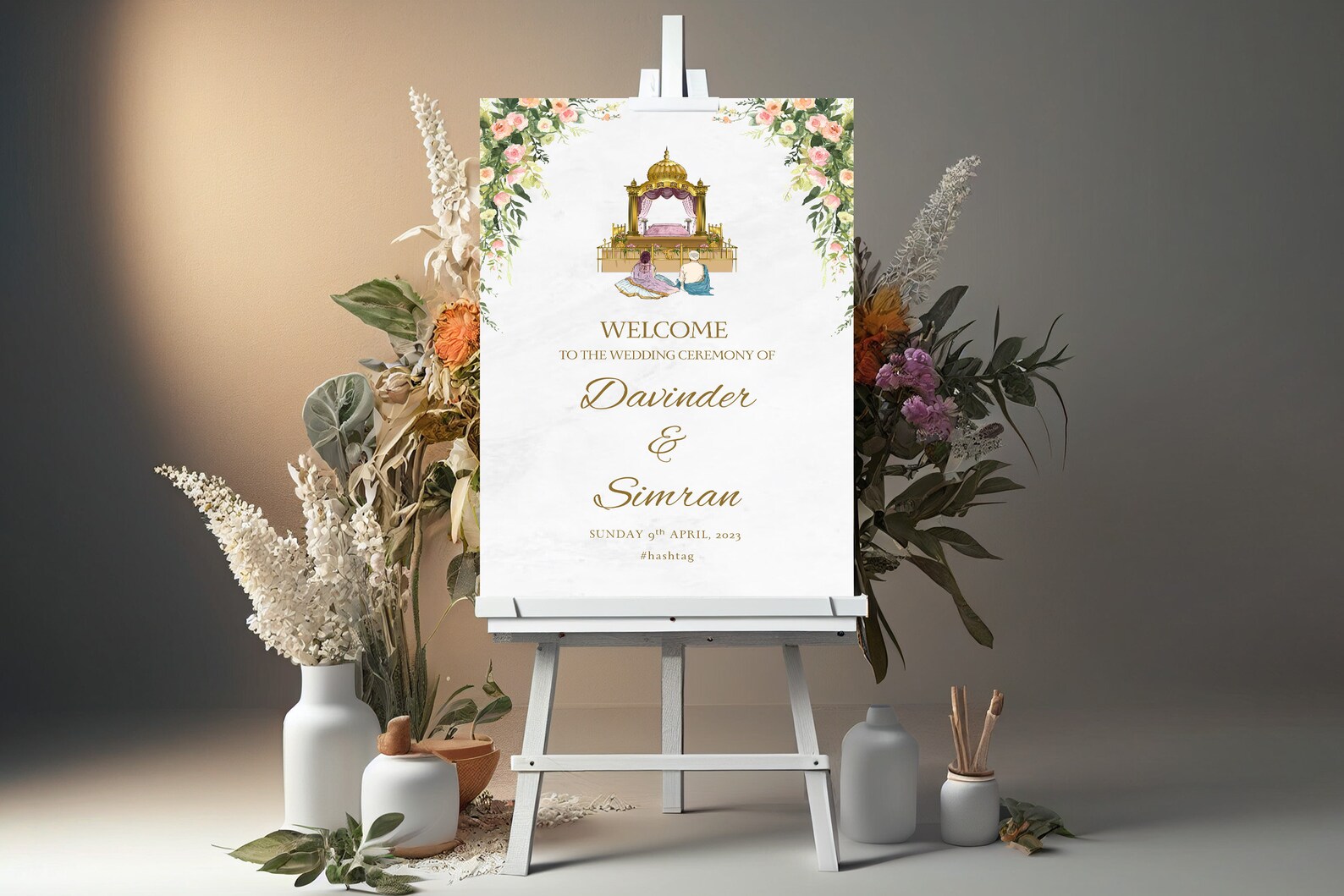 Elegant Sikh Wedding Welcome Sign Template With Floral Border and Bride ...