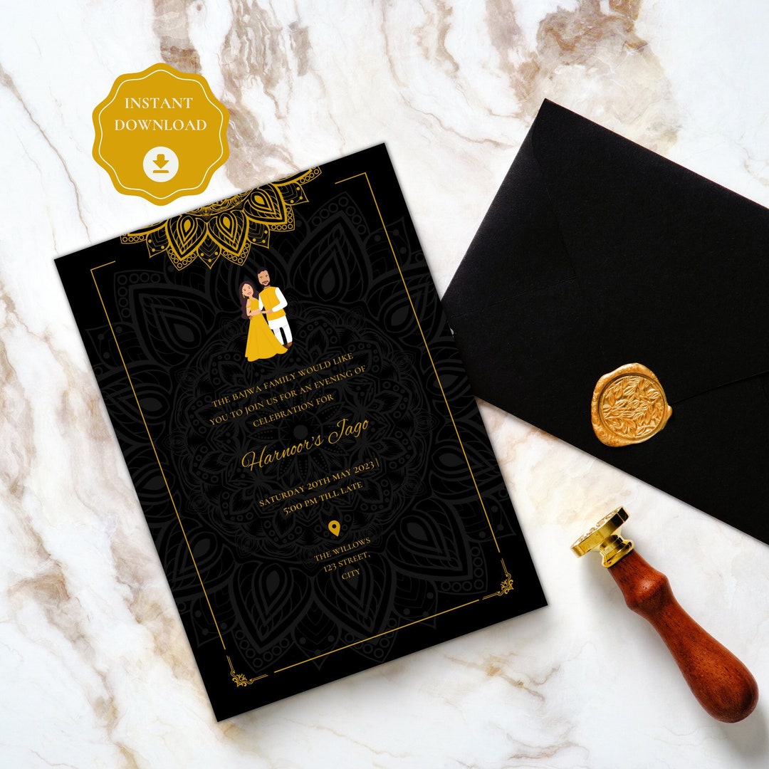 Black and Gold DIY Jaago Sangeet Invitation Template - Instant Download ...
