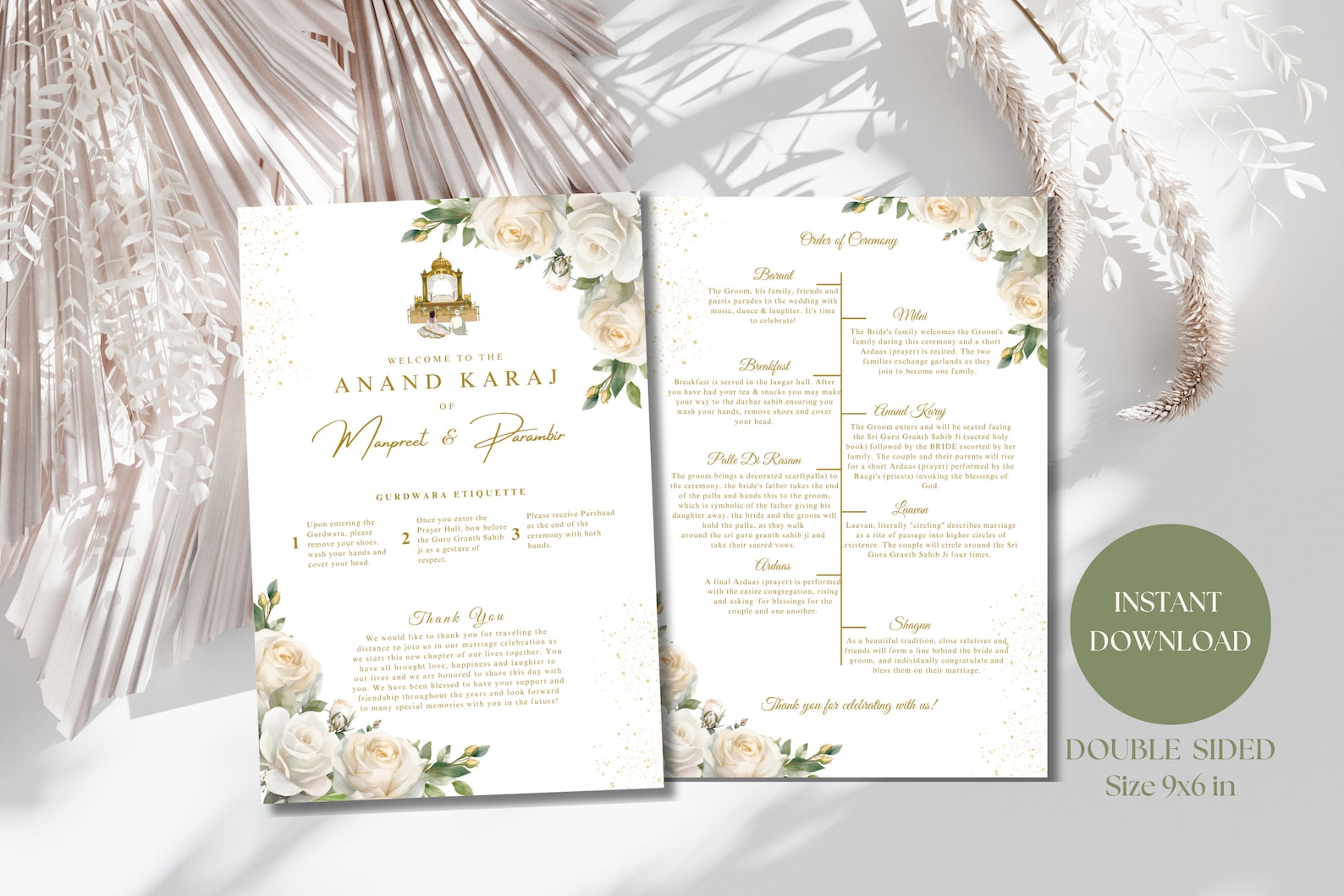 DIY Sikh Wedding Program Guide Green Corner Floral Design, Wedding ...