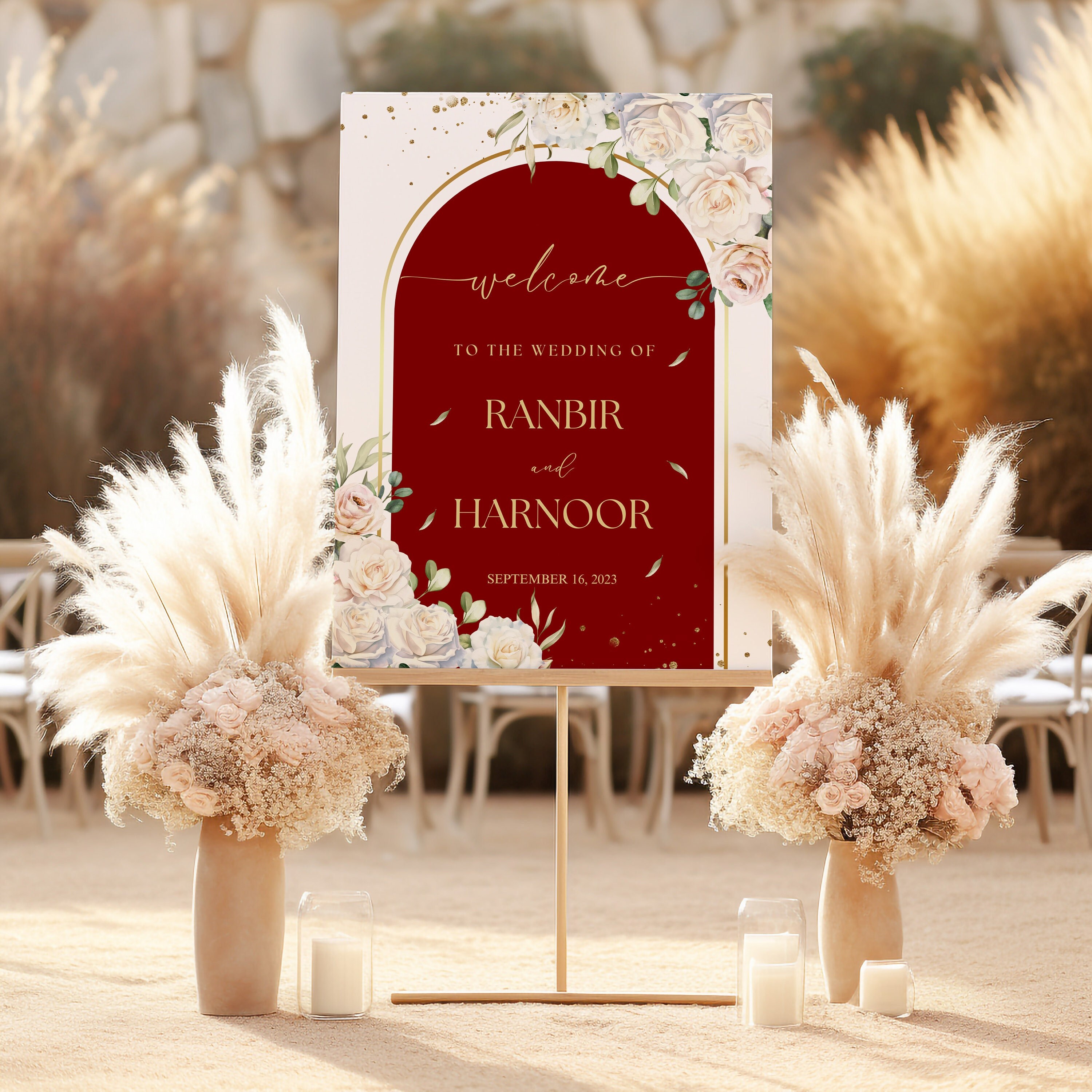 Elegant Red Arch With White Roses Anand Karaj Welcome Sign for All Sikh ...