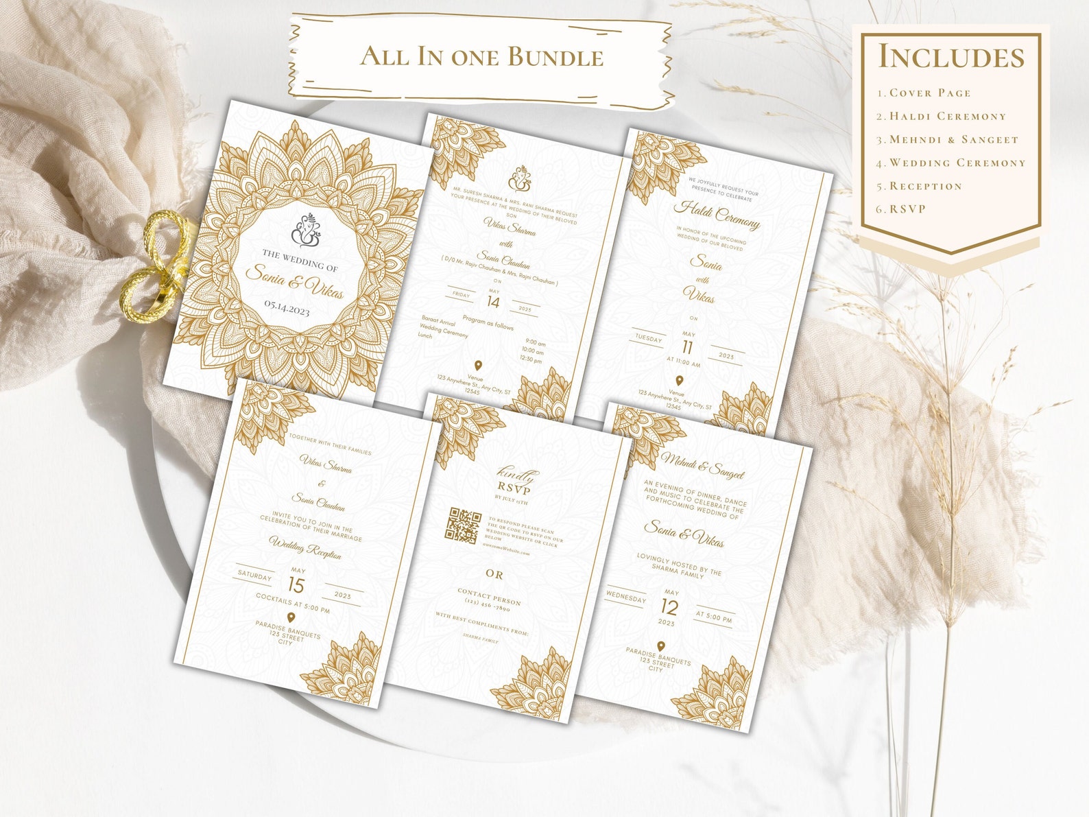 DIY Hindu Wedding Invitation Template All in One Bundle Gold Mandala ...