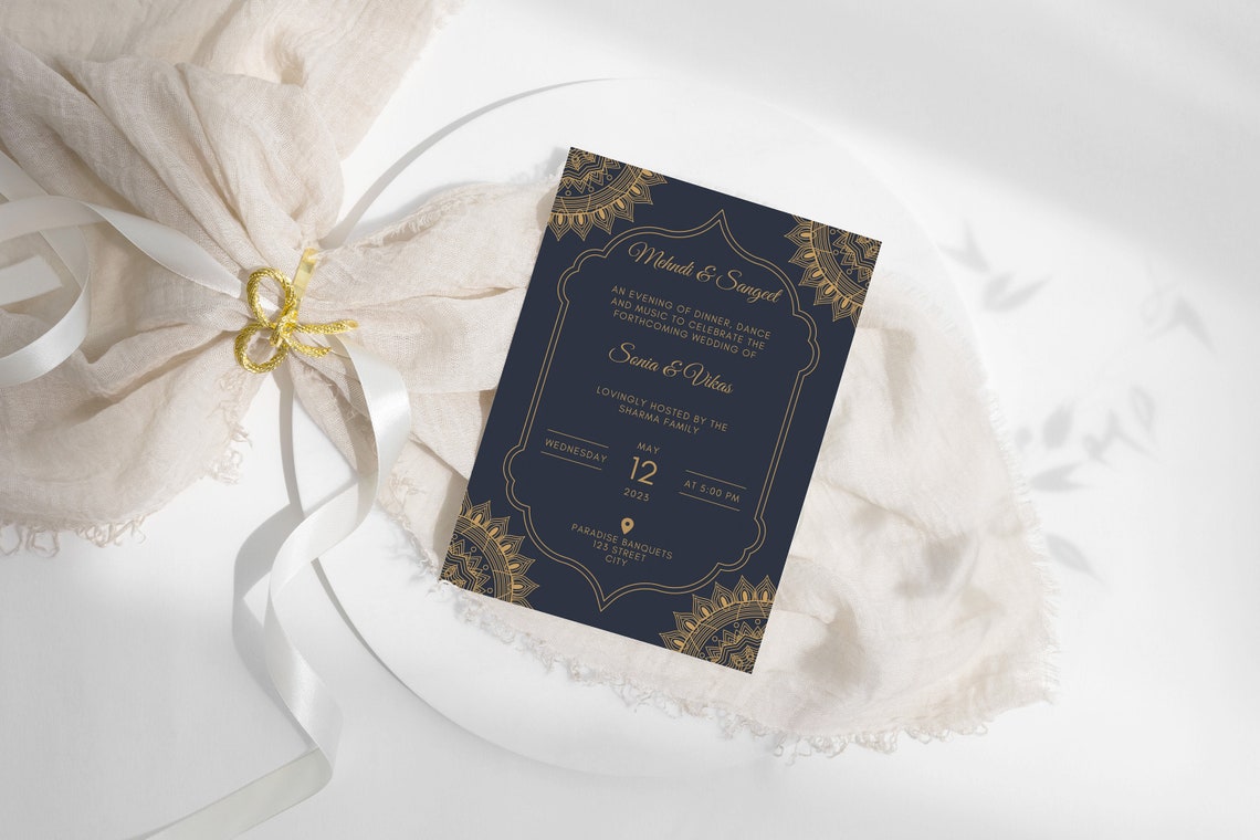 Blue and Gold Hindu Gujarati, South Indian Wedding Invitation Bundle ...