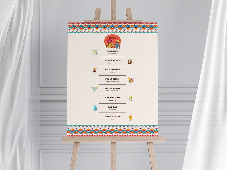 Customizable Drinks and Bar Menu Sign for Sangeet, Mayian, Mehndi, Jago ...