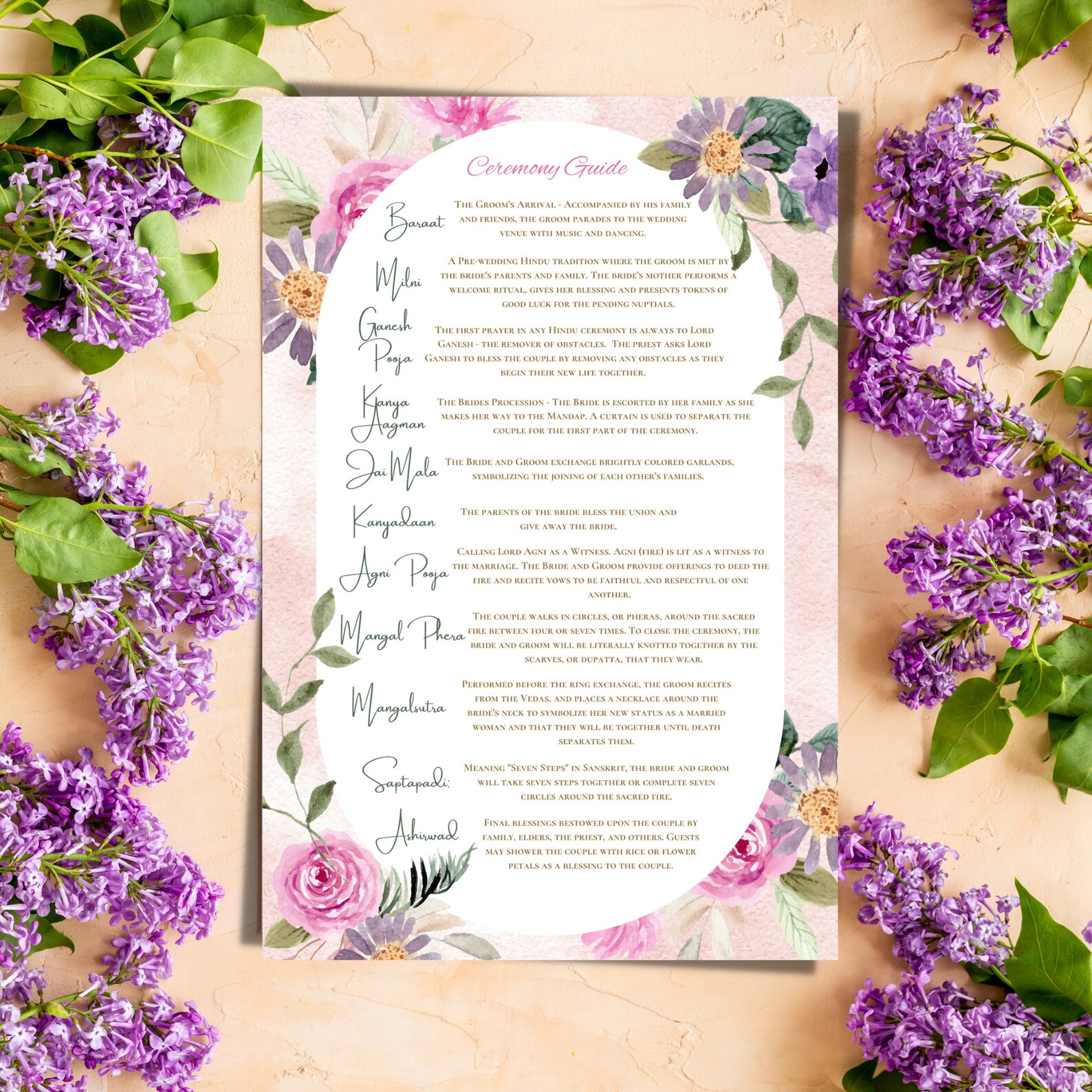 Hindu Wedding Ceremony Guide in Pink and Lavender Floral Print for ...