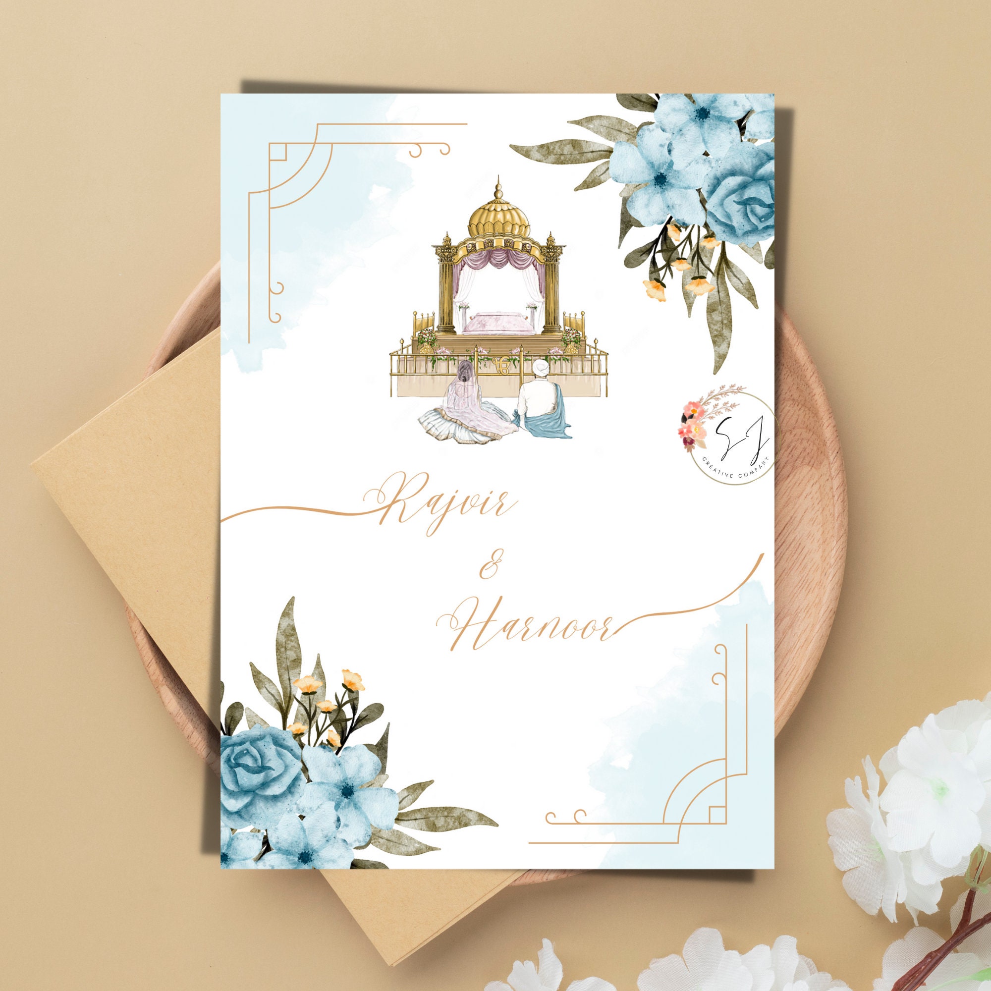 Punjabi Wedding Card, Sikh Wedding Invitation, Anand Karaj, Light Blue ...