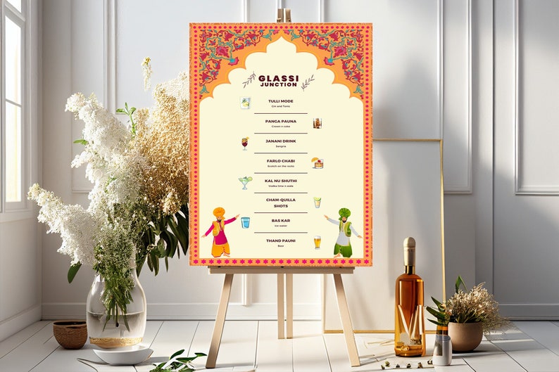 Customizable Drinks and Bar Menu Sign for Sangeet, Mayian, Mehndi, Jago ...