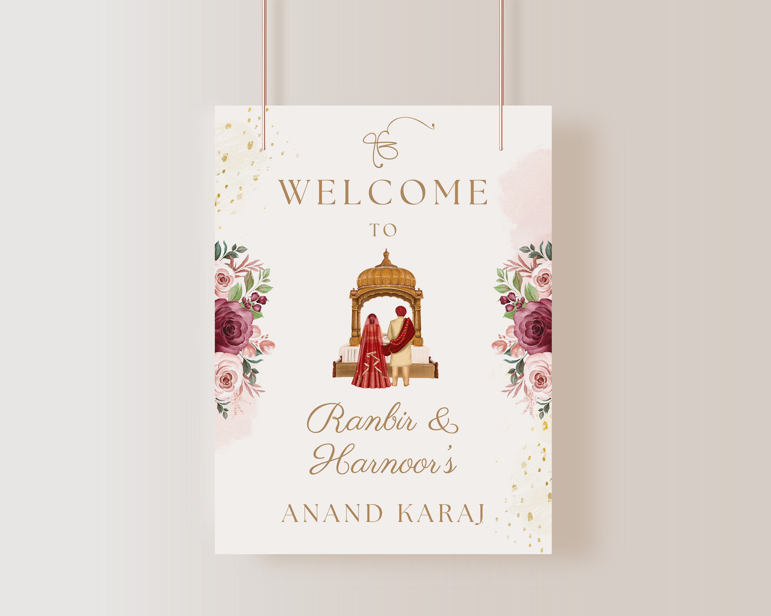 Anand Karaj Welcome Sign | Sikh Wedding Sign With Couple Illustration ...